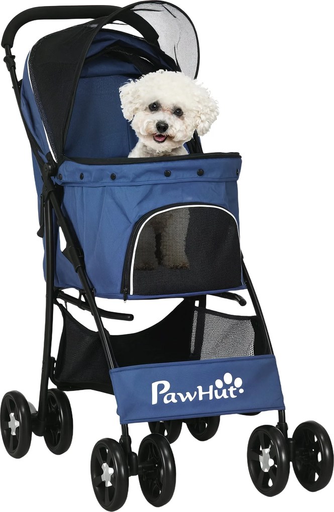 Skládací kočárek PawHut pro psy - Pet Buggy pro malé psy s košíkem, nastavitelnou stříškou, síťovaným oknem a 2 univerzálními koly, nosnost 15 kg, 81x