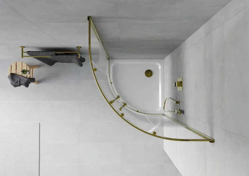 Mexen Rio, čtvrtkruhový sprchový kout 80(dveře)x80(dveře)x190 cm, 5mm čiré sklo s pásky, zlatý profil + bílá sprchová vanička SLIM, 863-080-080-50-20-4110G
