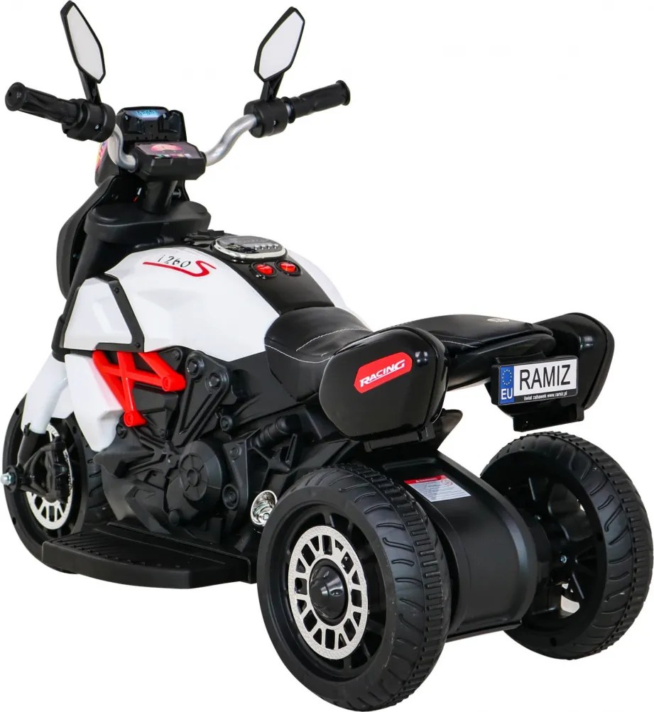 Ramiz Motorka Fast Tourist na baterie pro děti bílá + audio + světla + ekokůže