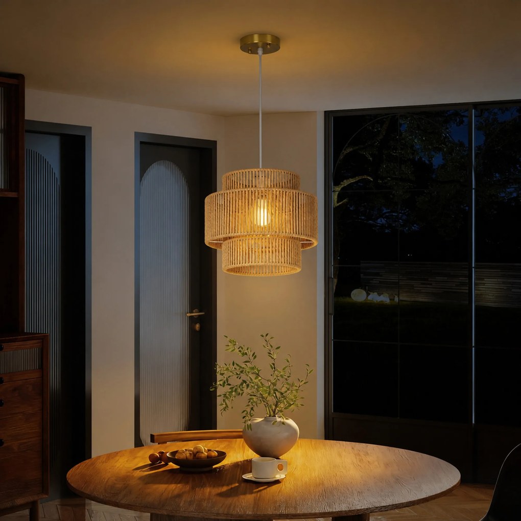 HOMCOM Závěsná lampa, 3stupňové stínidlo, kov, konopné lano, světle hnědá B31-521V01LR