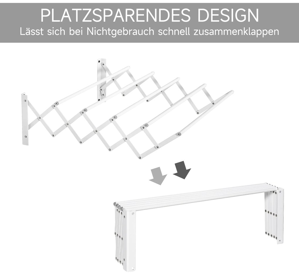 HOMCOM Nástěnný sušák na prádlo 57,5 cm prostorově úsporný kůň na prádlo pro interiér i exteriér Kov v bílé barvě 63,5 x 60 x 20 cm