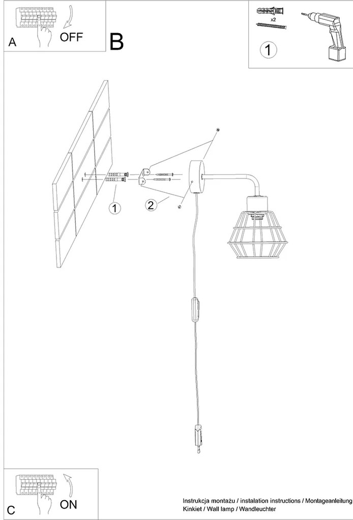 Nástěnné svítidlo Suba, 1x černé drátěné stínítko