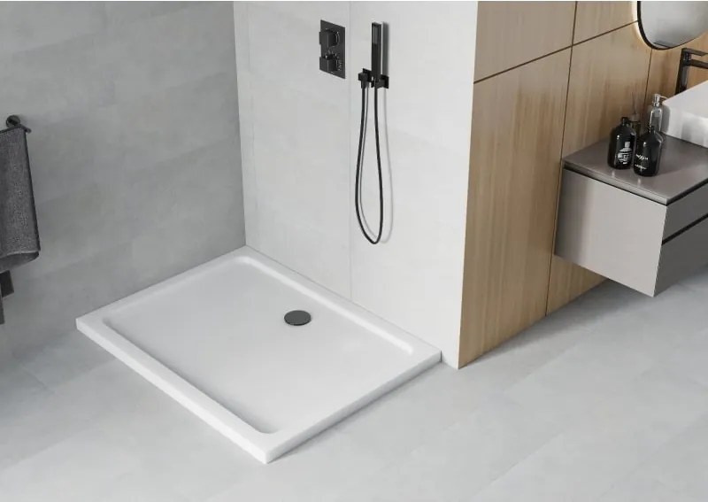 Mexen Flat obdélníkový sprchový kout slim 130 x 90 cm, bílý, černý sifon - 40109013B