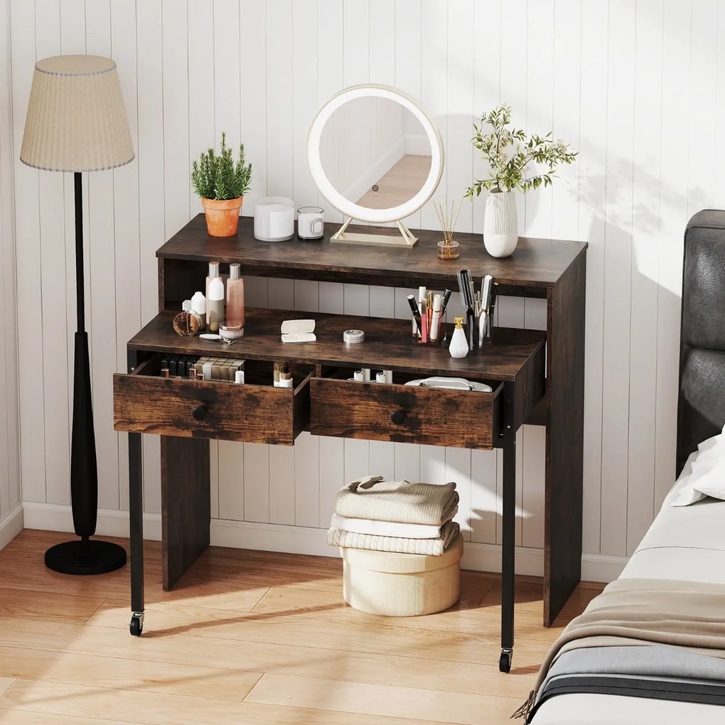 Costway Rozkládací stolek malý s 2 zásuvkami a kolečky – 100 × 63 × 88 cm