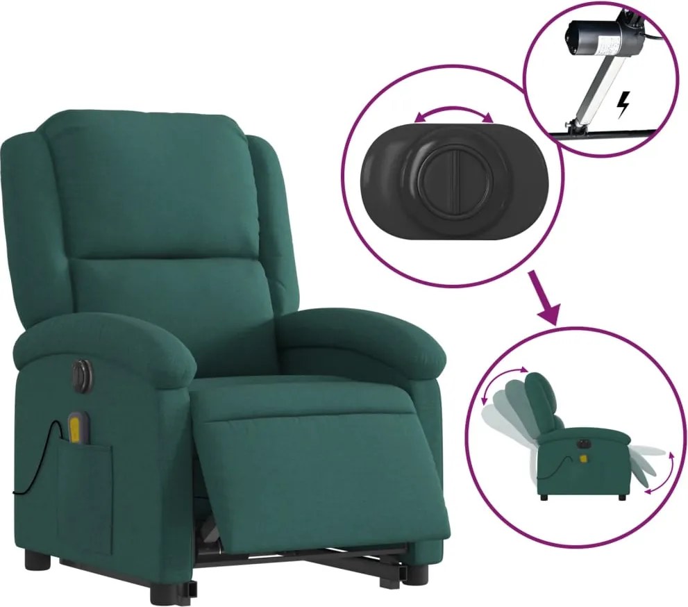 Elektrické zvedací masážní polohovací křeslo zelené textil 3204206