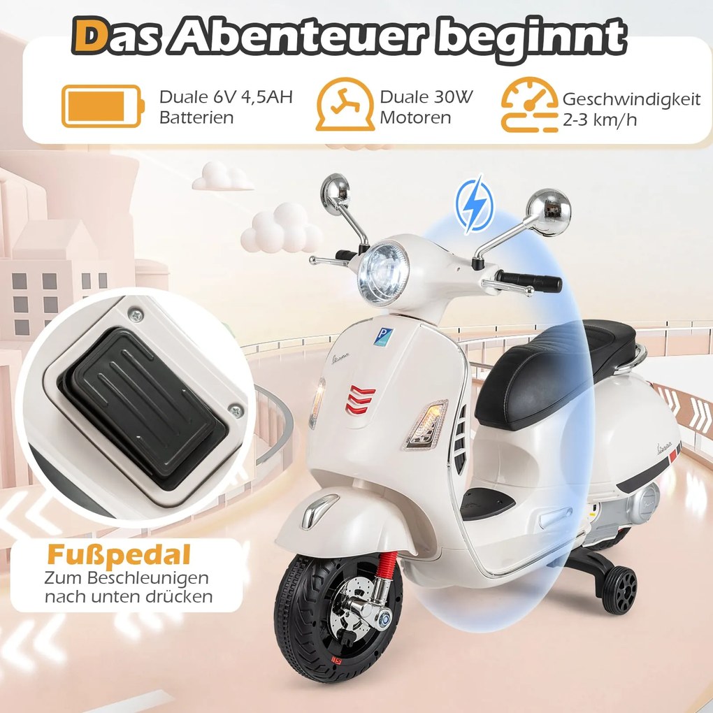 Costway Dětská motorka VESPA s LED světlometem a klaksonem elektrická dětská