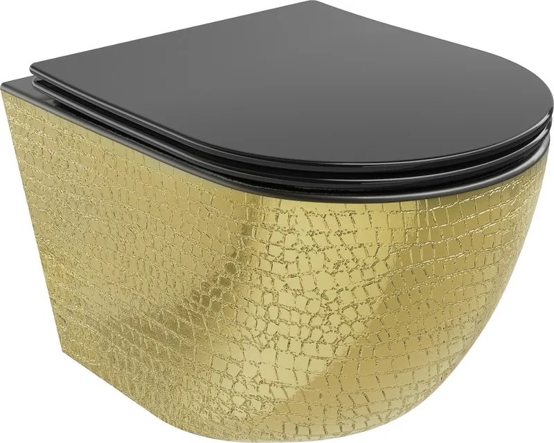 Mexen Lena Miska WC Rimless s pomalu padajícím sedátkem slim, duroplast, černá matná/zlatý vzor šupiny - 30224078