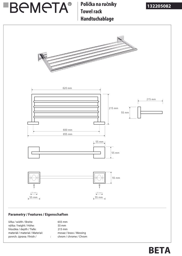 Bemeta Design BETA: Držák ručníků, 600 mm -