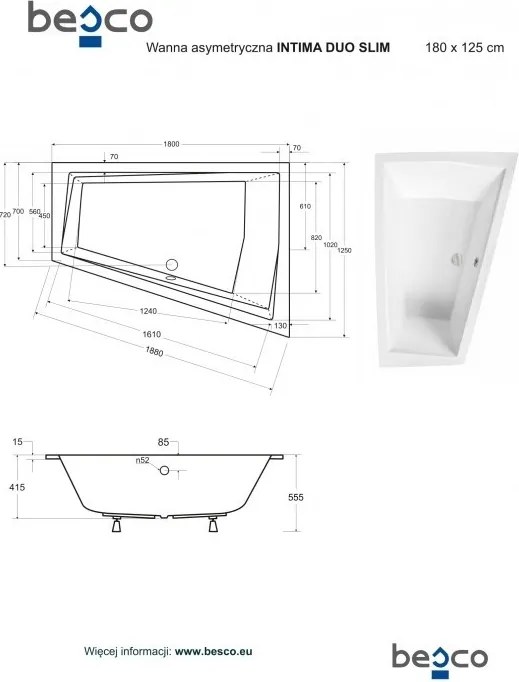 Besco INTIMA DUO SLIM 170 x 125 cm VANINTID17SLIML+OLVPINOZSTELID vana vč. nožiček levá