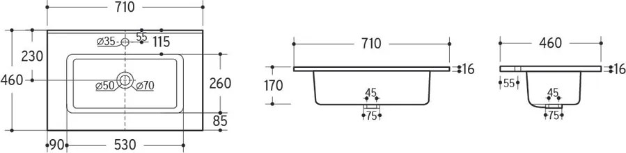 Comad Nábytkové keramické umyvadlo GO 70/DP-8095, 71x46 cm, bílá lesklá