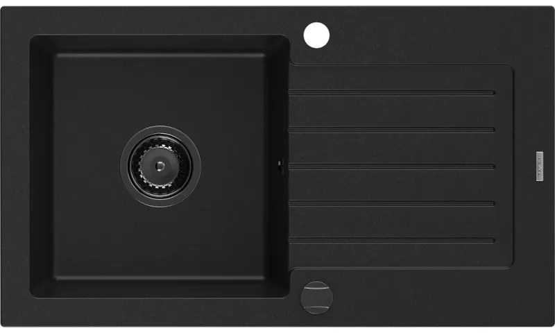 Mexen Pablo jednorázový granitový dřez s odkapávačem 752 x 436 mm, černý, černý sifon - 6510751010-77-B