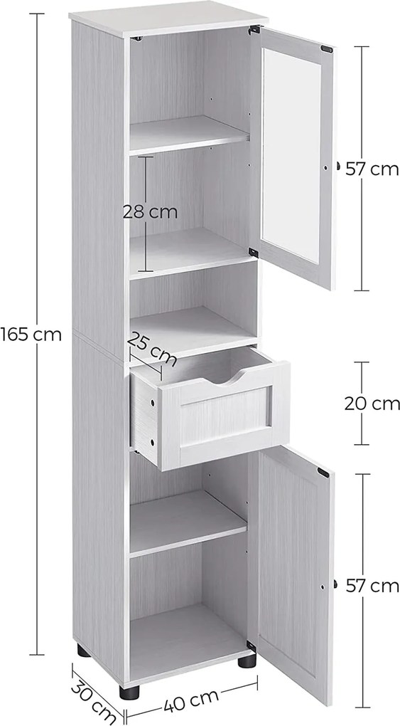Vysoká skříň, úzká skříň s prosklenými dveřmi, dřevěný vzor světle šedé