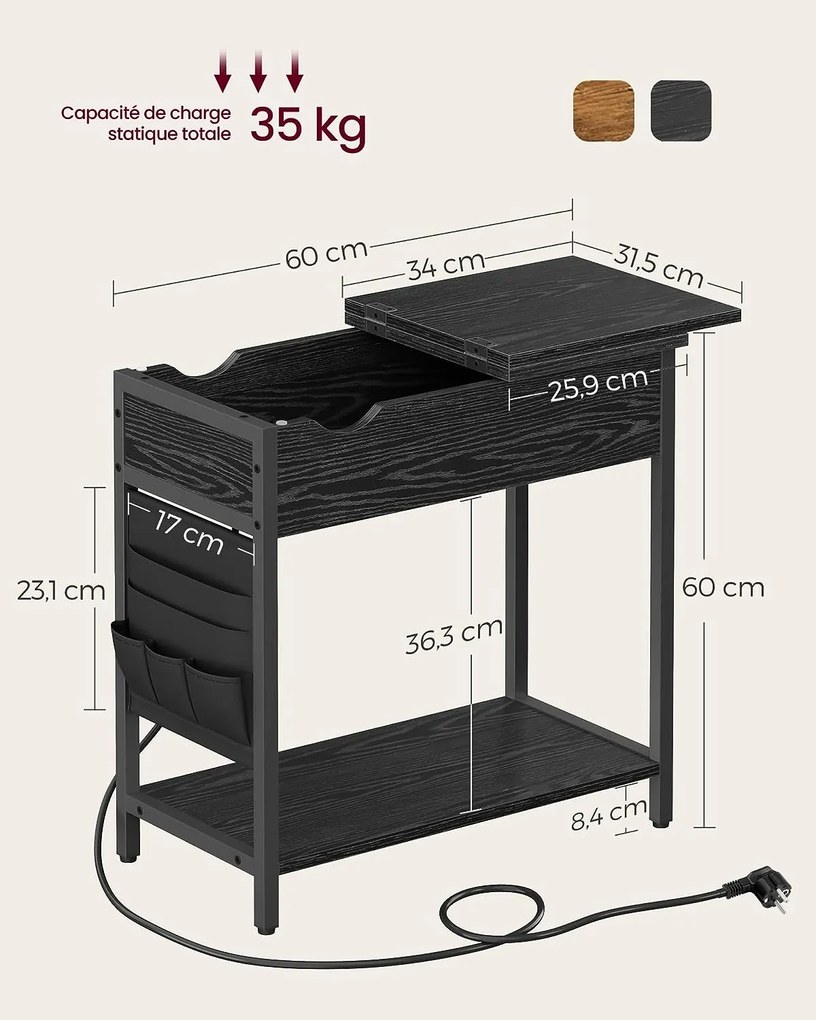 VASAGLE Odkládací stolek s elektrickou zásuvkou černý