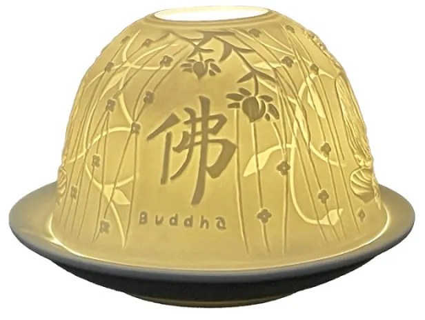 Bílý porcelánový svícen na čajovou svíčku Buddha a bambus – 12x8 cm
