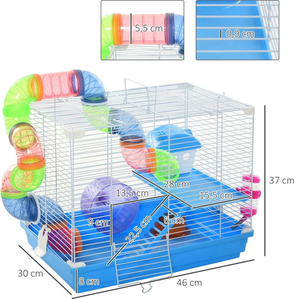 Klec pro křečka PawHut 46x30x37 cm s tunely, krmítkem, dávkovačem vody, rampou, cvičným kolem a přenosným madlem pro vnitřní a venkovní použití v mod…