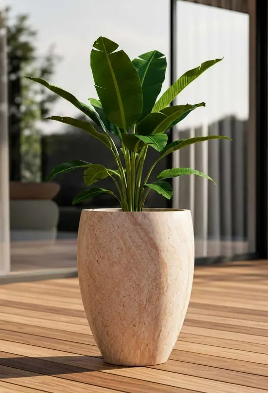 Květináč s kamenným vhledem OVOLO, sklolaminát, výška 55 cm, béžový