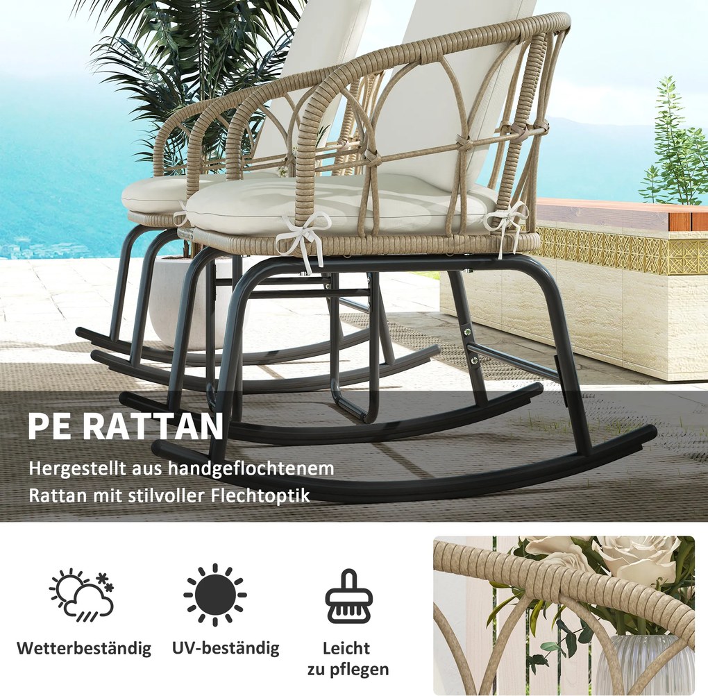Outsunny 3dílná sada ratanových houpacích křesel se 2 houpacími křesly a 1 konferenčním stolkem, sada zahradního nábytku s polštáři na terasu a balkon