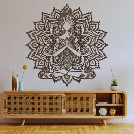 Dřevěná mandala jóga žena – moderní 3D obraz na zeď do obýváku | SENTOP HDF0511