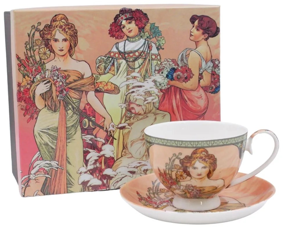 HOME ELEMENTS Porcelánový hrnek 250 ml s podšálkem, Mucha, Jaro