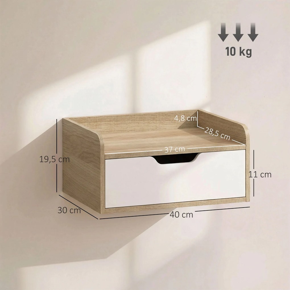 HOMCOM 2dílný set nástěnných nočních stolků, noční stolky se zásuvkou a poličkou s vyšším okrajem, 40x30x19,5 cm, přírodní dřevo