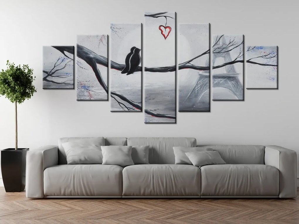 Gario Ručně malovaný obraz Ptačí romantika v Paříži - 7 dílný Rozměry: 210 x 100 cm