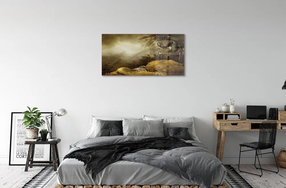 Obraz na skle Dragon horské mraky zlato 100x50 cm