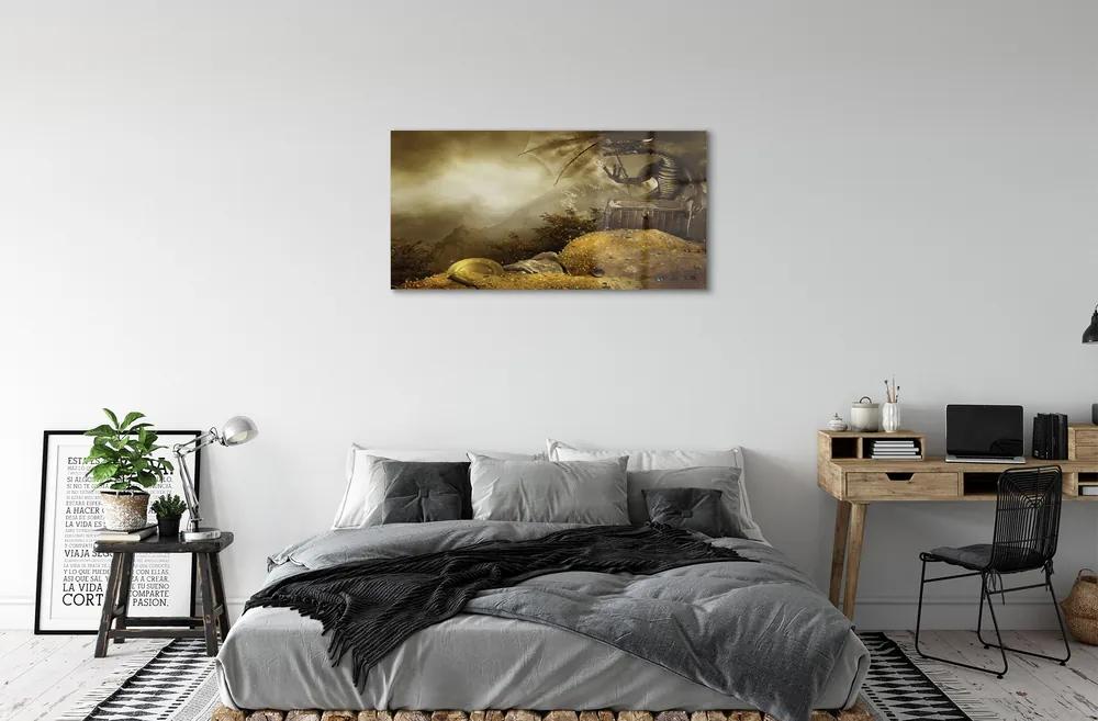 Obraz na skle Dragon horské mraky zlato 140x70 cm