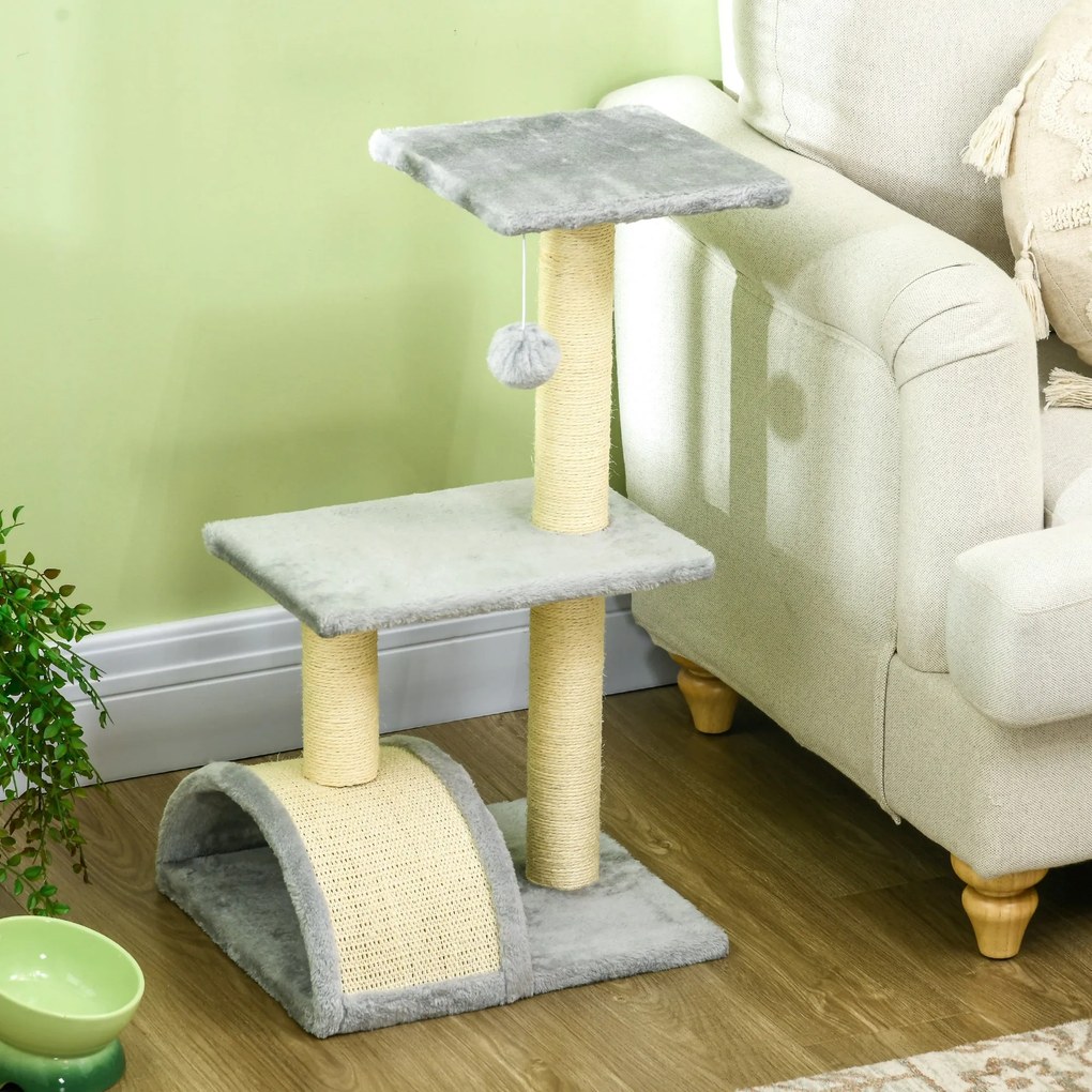 PawHut Škrabadlo 72 cm Kočičí věž s plyšovými polštářky, sisalové sloupky, plošina, škrabadlo Světle šedá barva