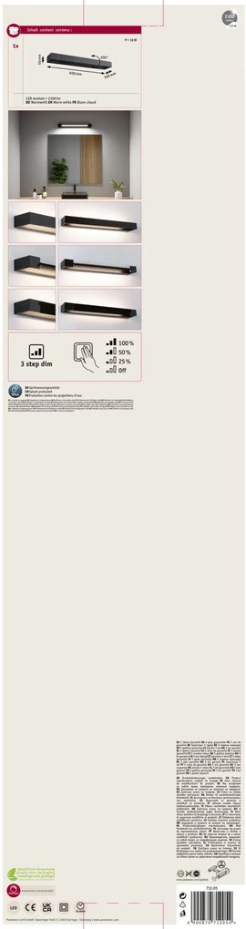 Paulmann 71205 Lucille, černé nástěnné svítidlo s nastavitelným směrem svícení, 17W LED 2700K tříkrokové stmívání, 60cm, IP44
