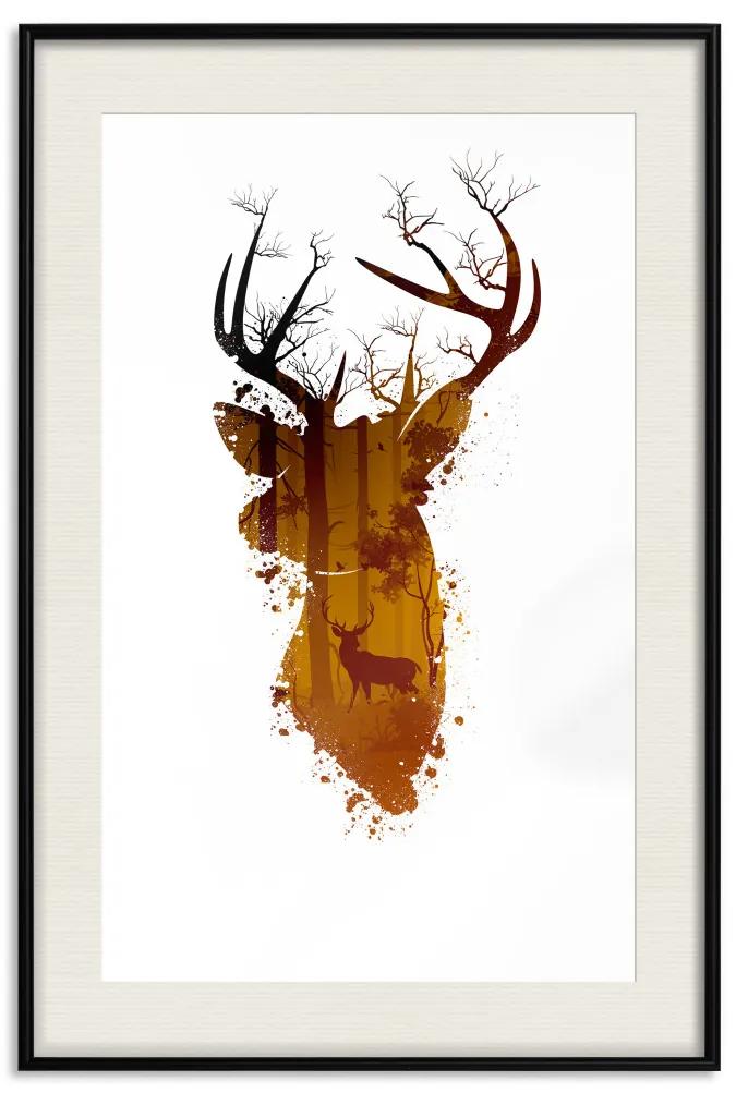 Plakát Jelen ráno - abstraktní krajina lesa ve stínu jelení hlavy