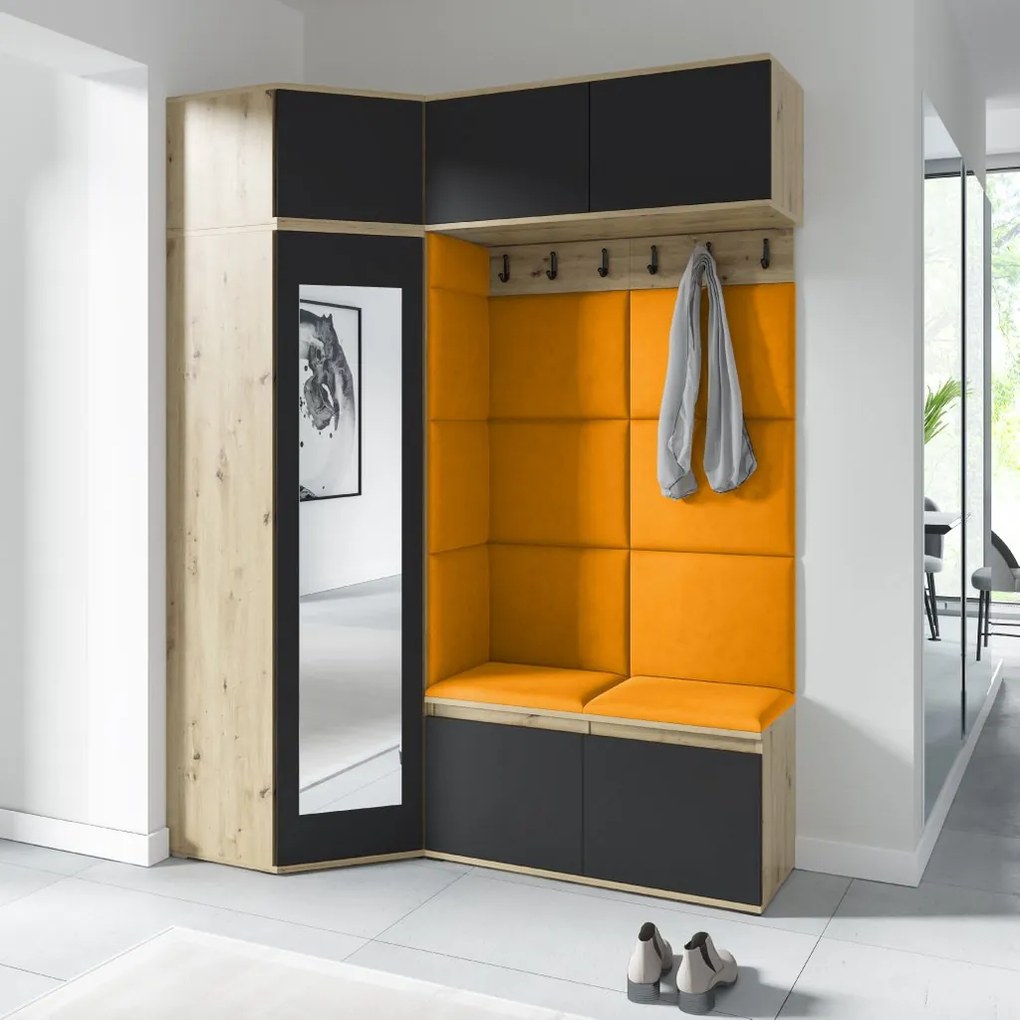 Eka Předsíňová stěna s čalouněnými panely Trinity 38 - Dub Artisan s černou / Hořčicová 2326