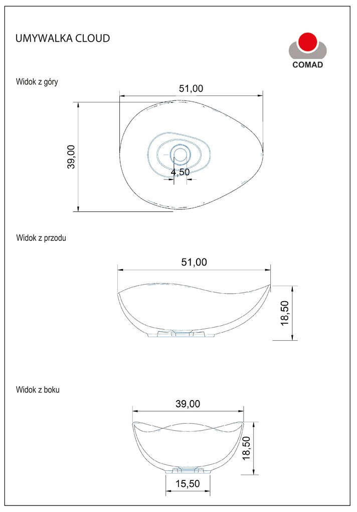 Comad Keramické umyvadlo na desku CLOUD FREE WHITE, bílá