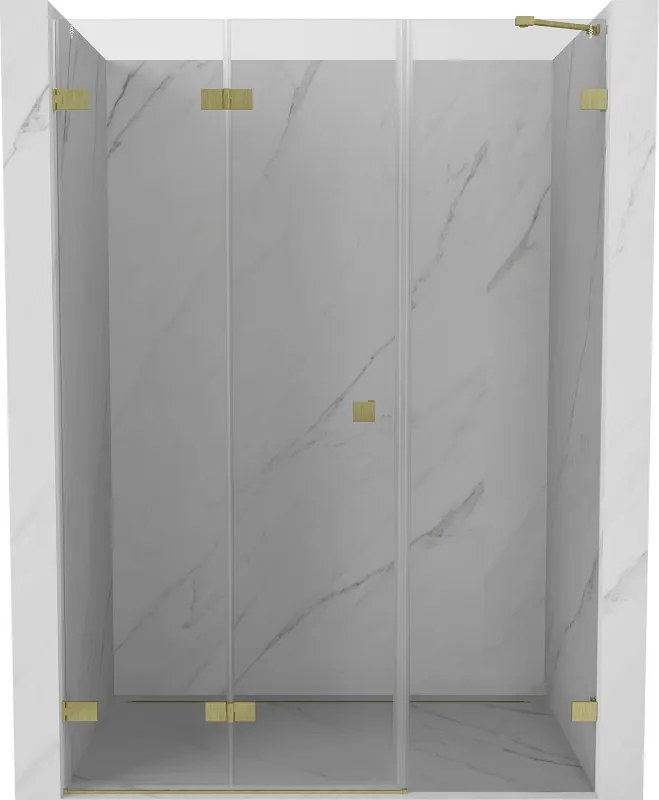 Mexen Lunar-F, levé sklápěcí sprchové dveře 145 cm, 8mm čiré sklo, zlatý matný profil, 836S-145-050-55-00-L