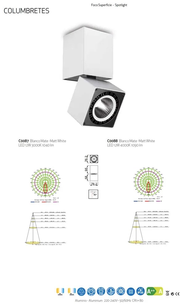Mantra Columbretes, nastavitelné stropní svítidlo LED 12W 1040lm 3000K, rozměr 7,6x7,6 cm