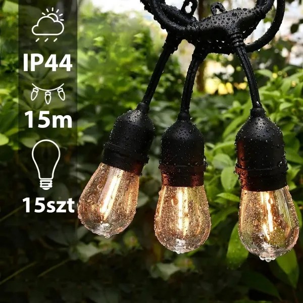 LED Venkovní dekorační řetěz 15xE27/1W/230V 15,94 m IP44 černá
