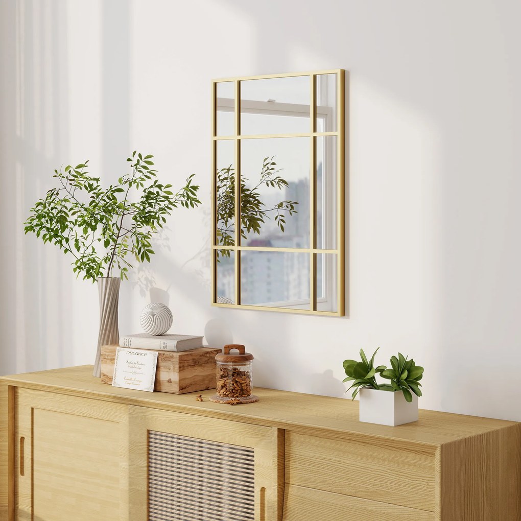 HOMCOM obdélníkové nástěnné zrcadlo, 70 × 50 cm — okénkový zlatý kovový rám
