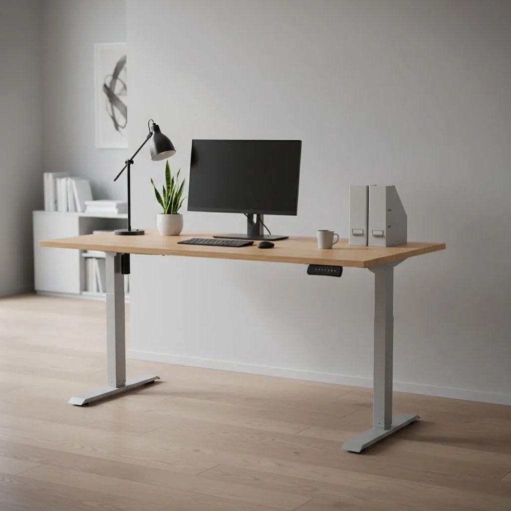 Výškově nastavitelný stůl OfficeTech B, 160 x 80 cm, šedá podnož, dub kraft