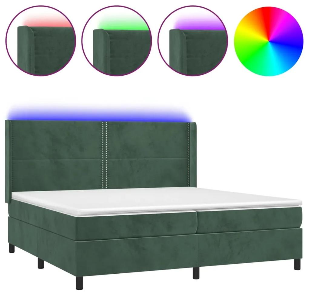 Box spring postel s matrací a LED tmavě zelená 200x200 cm samet,  3139526