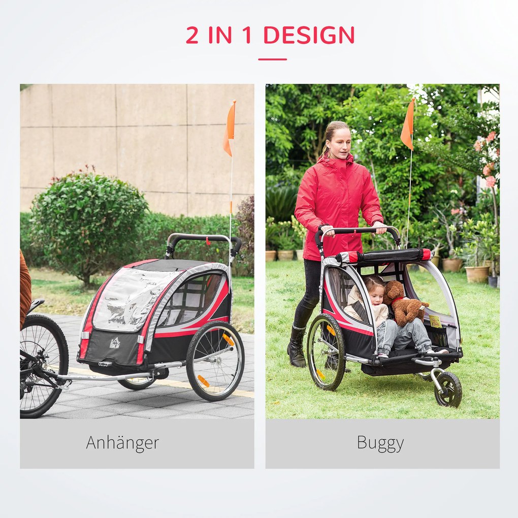 Dětský přívěs na kolo HOMCOM 2 v 1 s odpružením, síťovanými dvířky, předním kolem otočným o 360° a brzdou, červeno-černý, 142x75x101cm