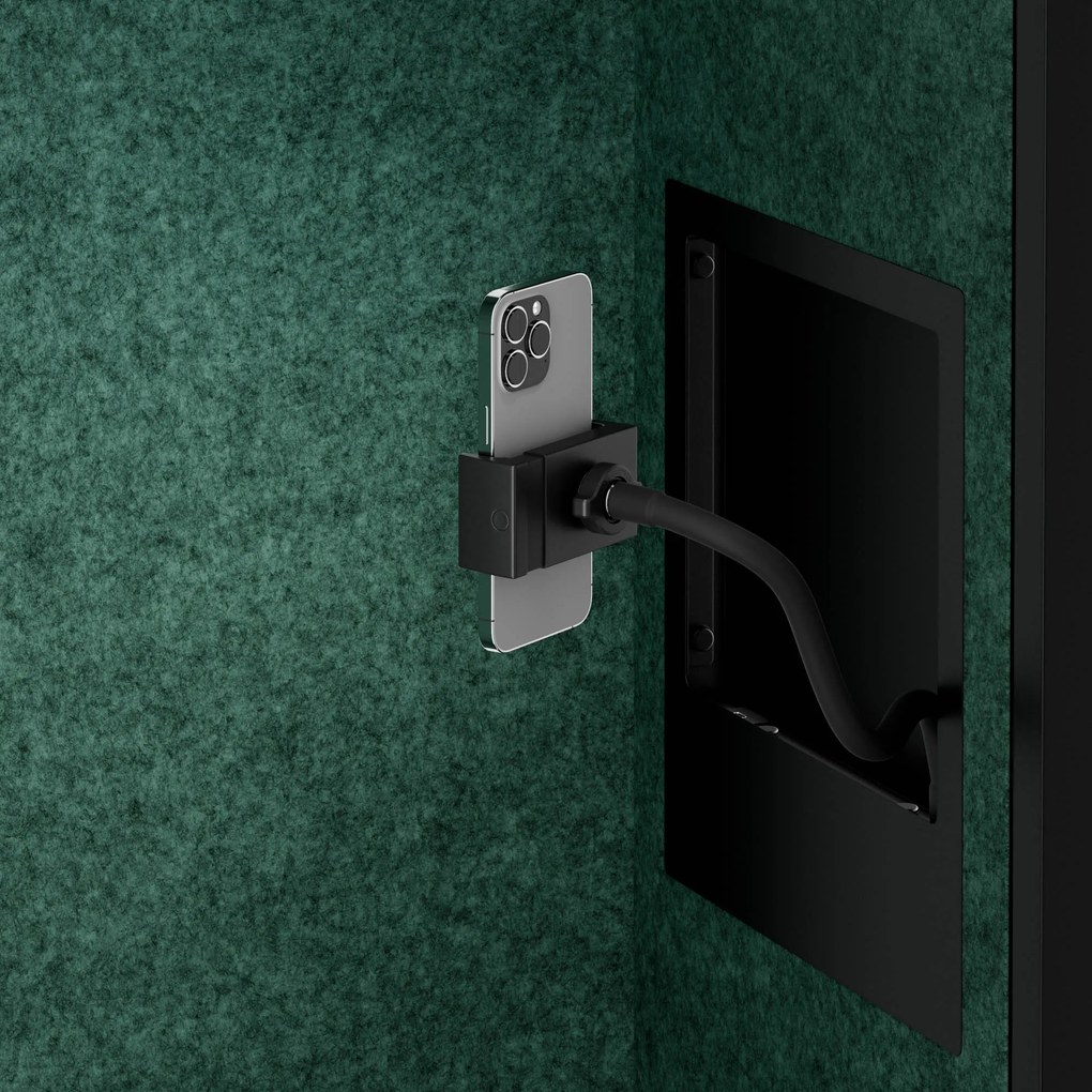 Kancelářská akustická kabina se sedátkem a USB-C portem, korpus černý / sedák zelený, 1150 mm: SALLY MentalBox