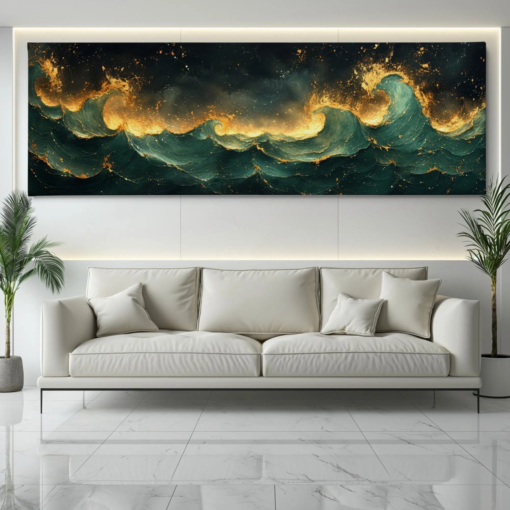 Obraz na plátně - Vlny v Emeraldu FeelHappy.cz Velikost obrazu: 240 x 80 cm