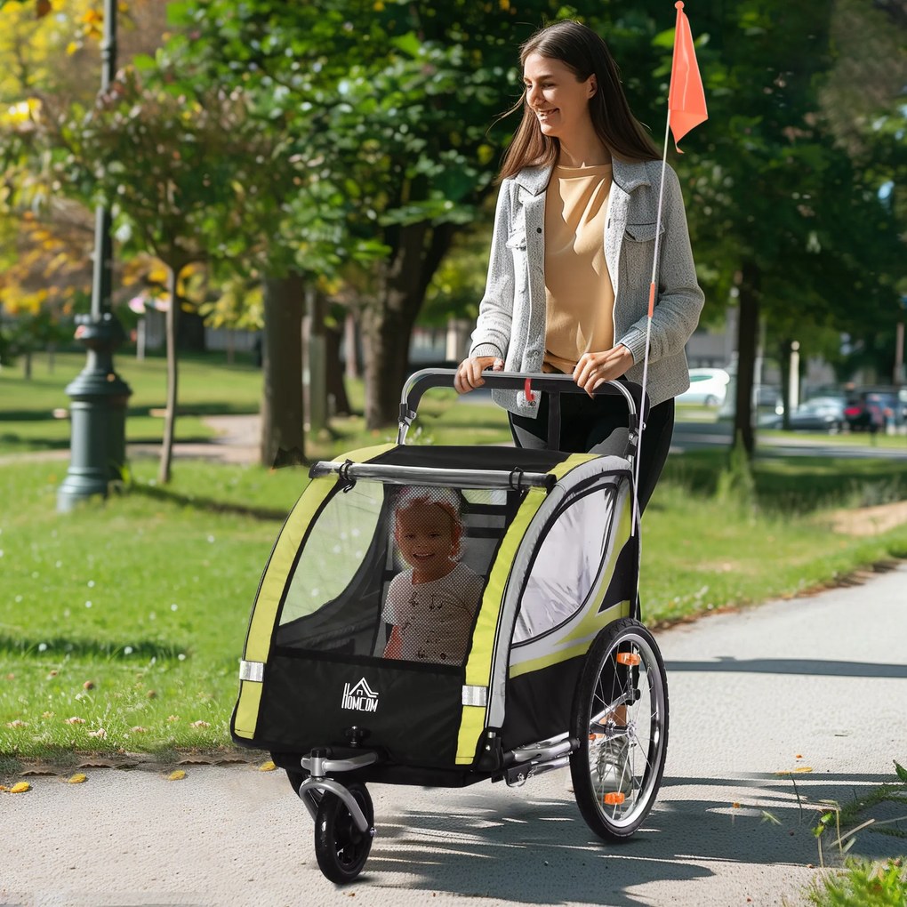 HOMCOM Dětský cyklistický přívěs 2 v 1 s odpružením, síťované dveře, přední kolo otočné o 360°, brzda, žlutá+černá, 142x75x101cm