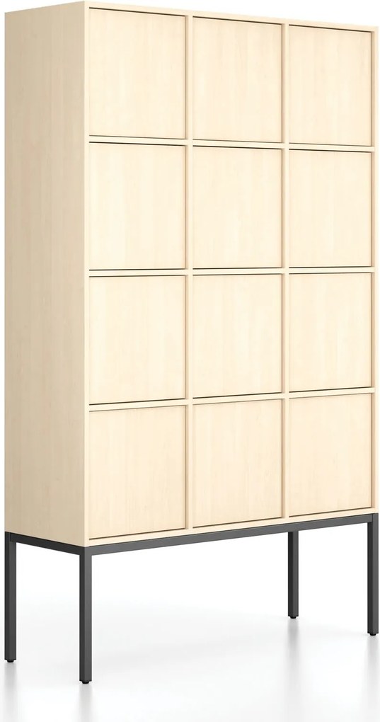 Kancelářská skříň FRAME, černá podnož, 12x dveře, 1299 x 450 x 2185 mm, PUSH-lock, bříza