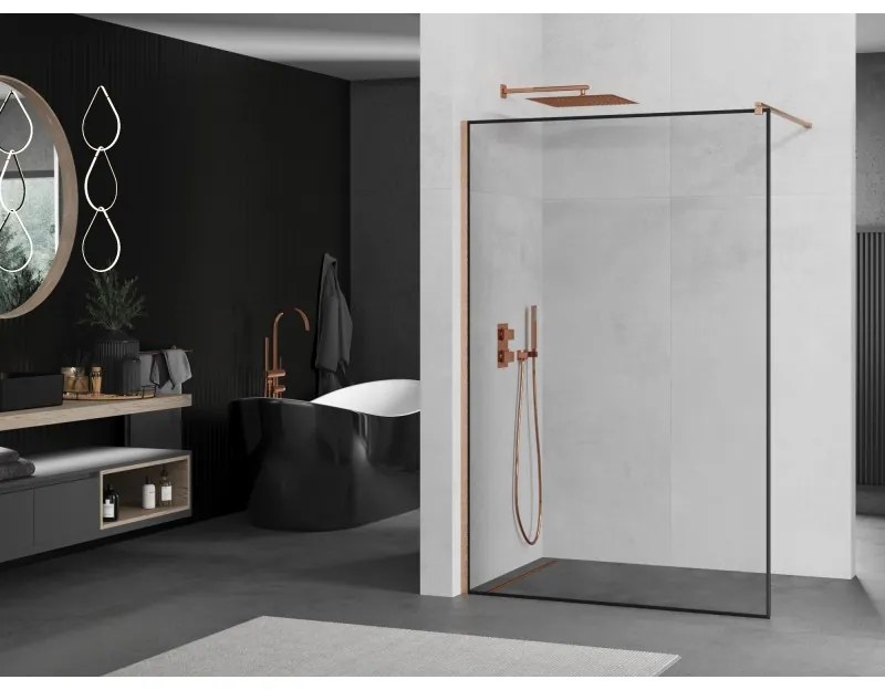 Mexen Kioto, sprchová zástěna Walk-In 150 x 200 cm, 8mm čiré sklo černý vzor, měděný matný profil, 800-150-101-65-70