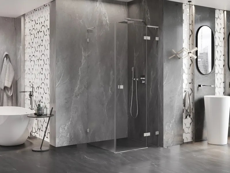 Mexen Lunar, L výklopný sprchový kout pravý 90 x 90 cm, 8mm čiré sklo, ocelový profil, 834L-090-090-97-00-P