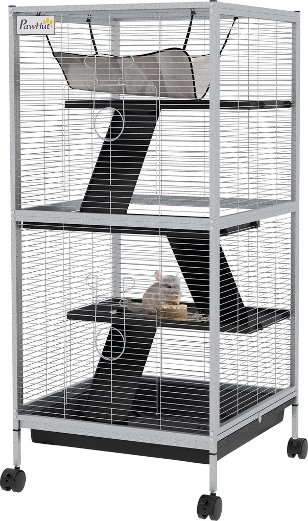 PawHut 4-patrová klec pro hlodavce na kolečkách se 2 dveřmi, 3 rampami, visící houpací sítí a odnímatelným podnosem pro činčily 52x52x113,5 cm Světlá…