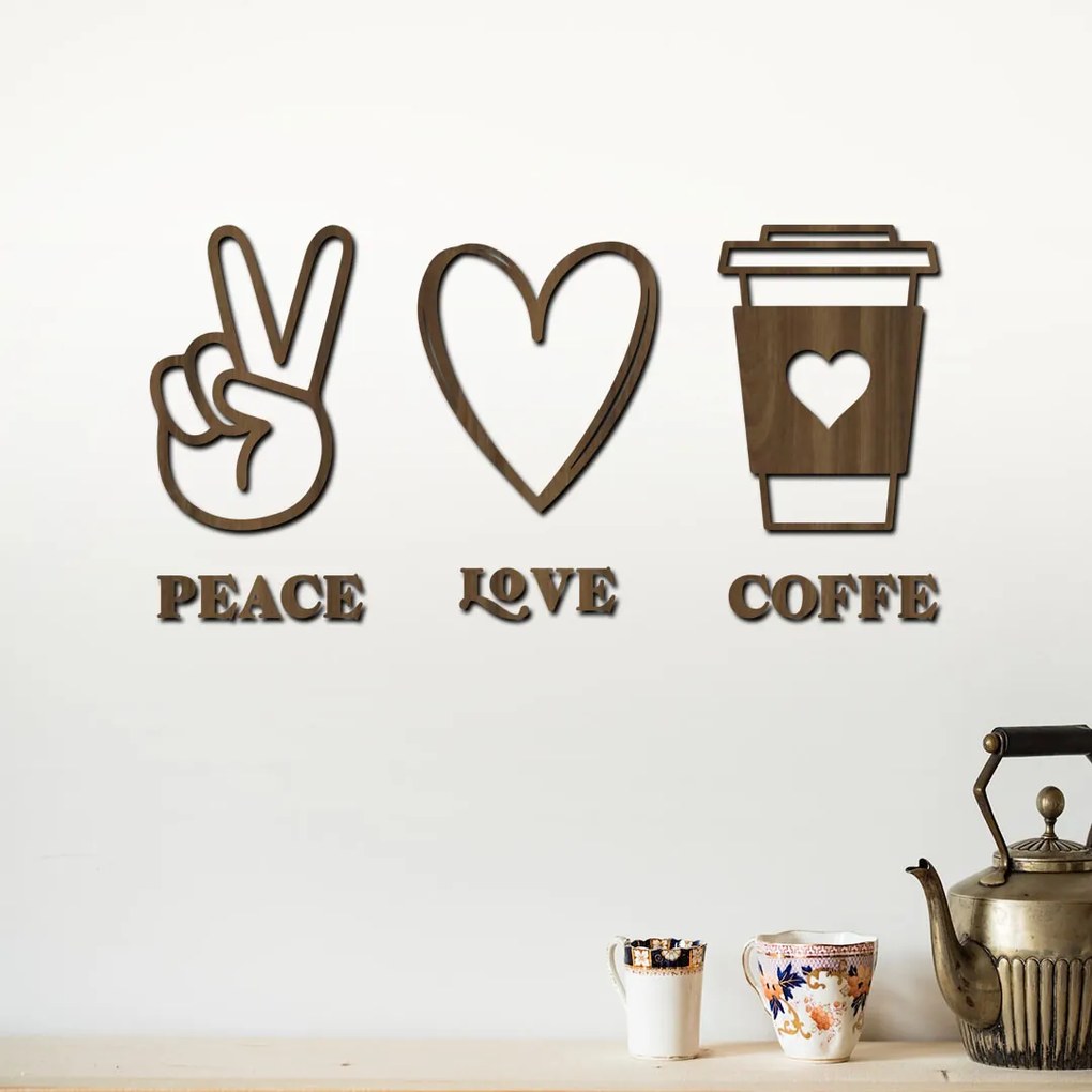 dřevo života Dřevěná dekorace na zeď Peace, love, coffee Rozměry (cm): 80x40, Zvolte barvu dekoru: Ořech