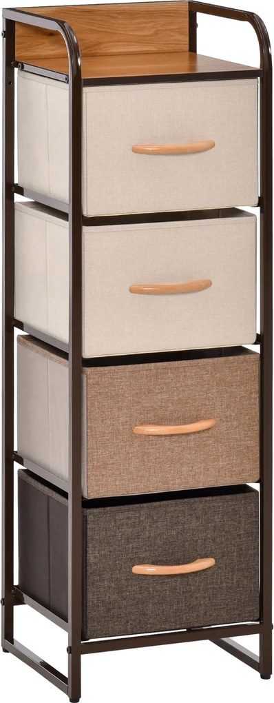 HOMCOM Textilní Komoda do Ložnice se 4 Skládacími Zásuvkami, Dřevěným Víkem a Kovovým Rámem pro Obývací Pokoj 31x29x99 cm, Vícebarevná | Aosom