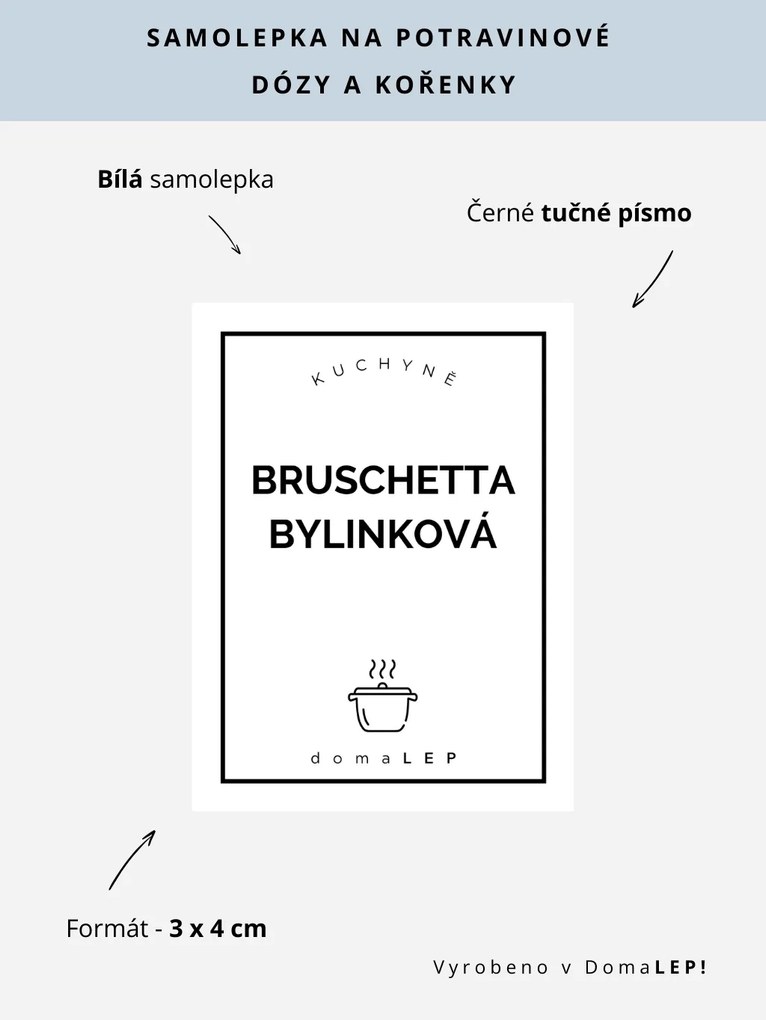 Samolepka na kořenky BRUSCHETTA BYLINKOVÁ bílá 3 × 4 cm tučné písmo