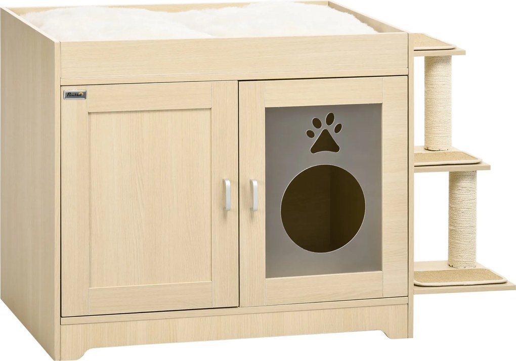PawHut Kočičí Záchod s Nábytkem s 2 Dveřmi a Měkkým Polštářem – Kočičí Kavalec s 3 Platformami a Sisalovými Sloupky 107x54x70 cm Dub | Aosom